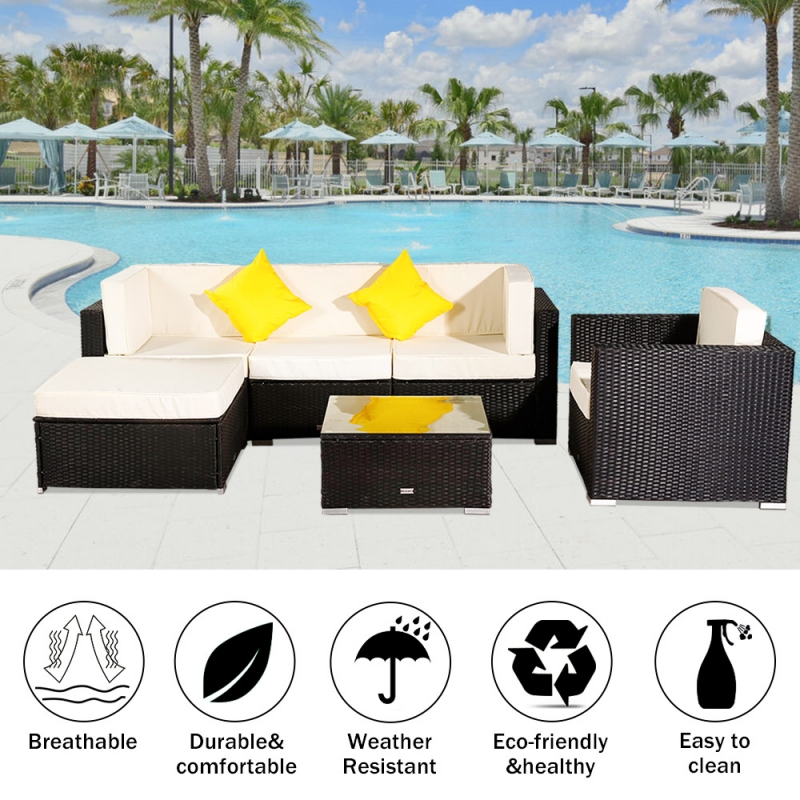 Oshion 6 Pcs Outdoor Patio Garden Black Rattan Wicker Sofa Set ...